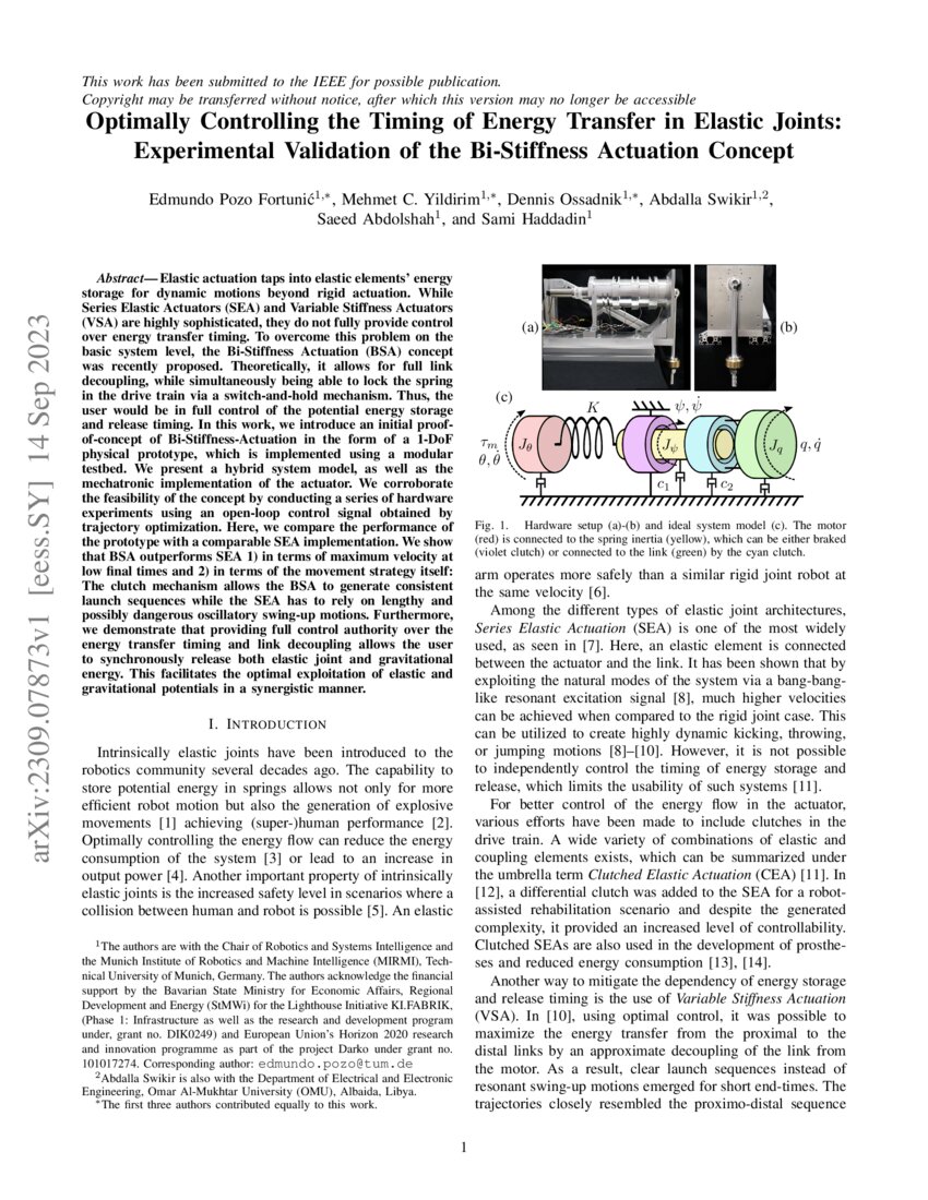 Optimally Controlling the Timing of Energy Transfer in Elastic Joints: Experimental Validation ...