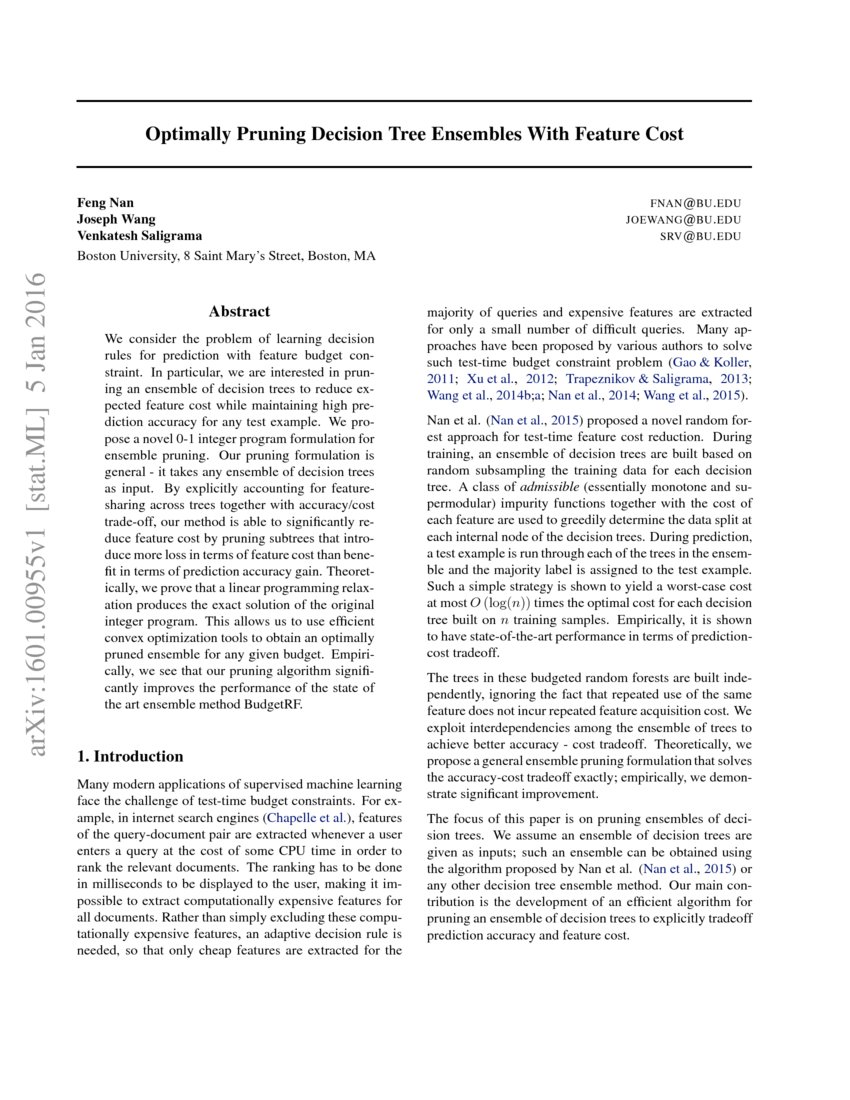 Optimally Pruning Decision Tree Ensembles With Feature Cost | DeepAI