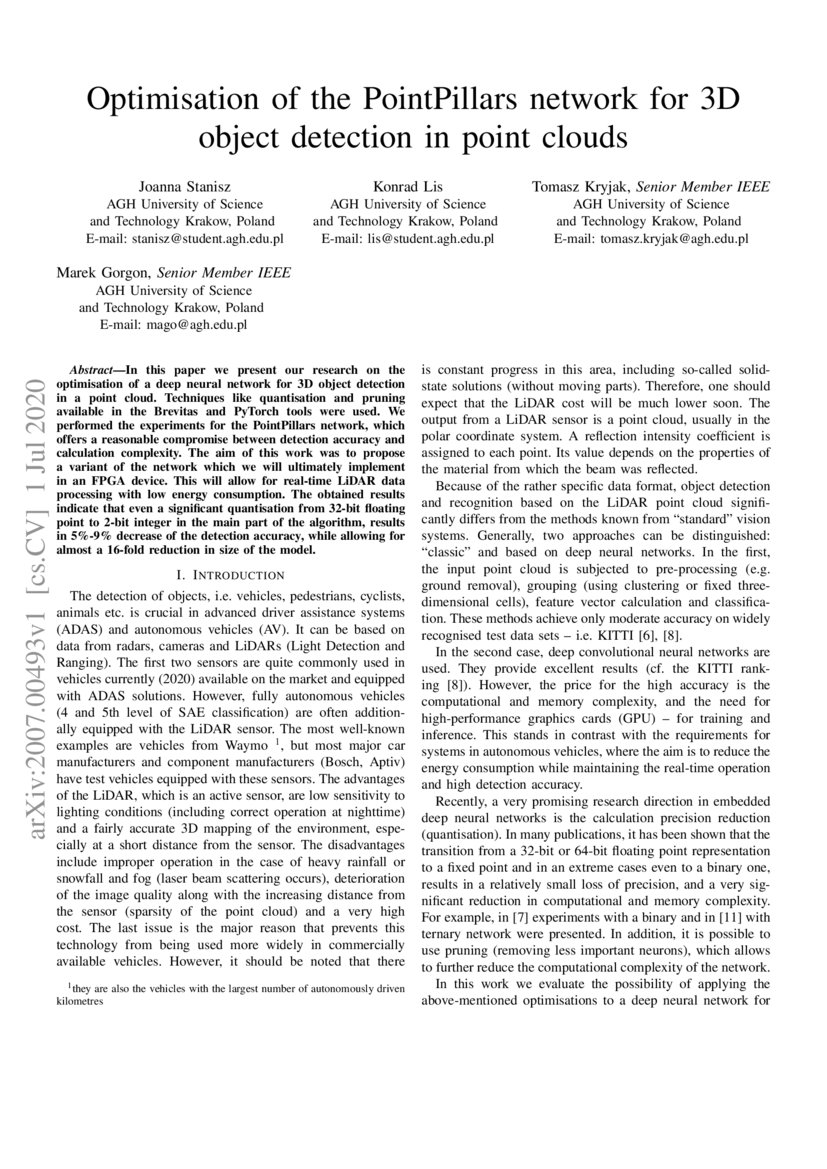Optimisation Of The Pointpillars Network For 3d Object Detection In Point Clouds Deepai
