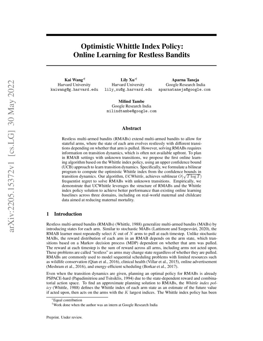 Optimistic Whittle Index Policy: Online Learning for Restless Bandits | DeepAI