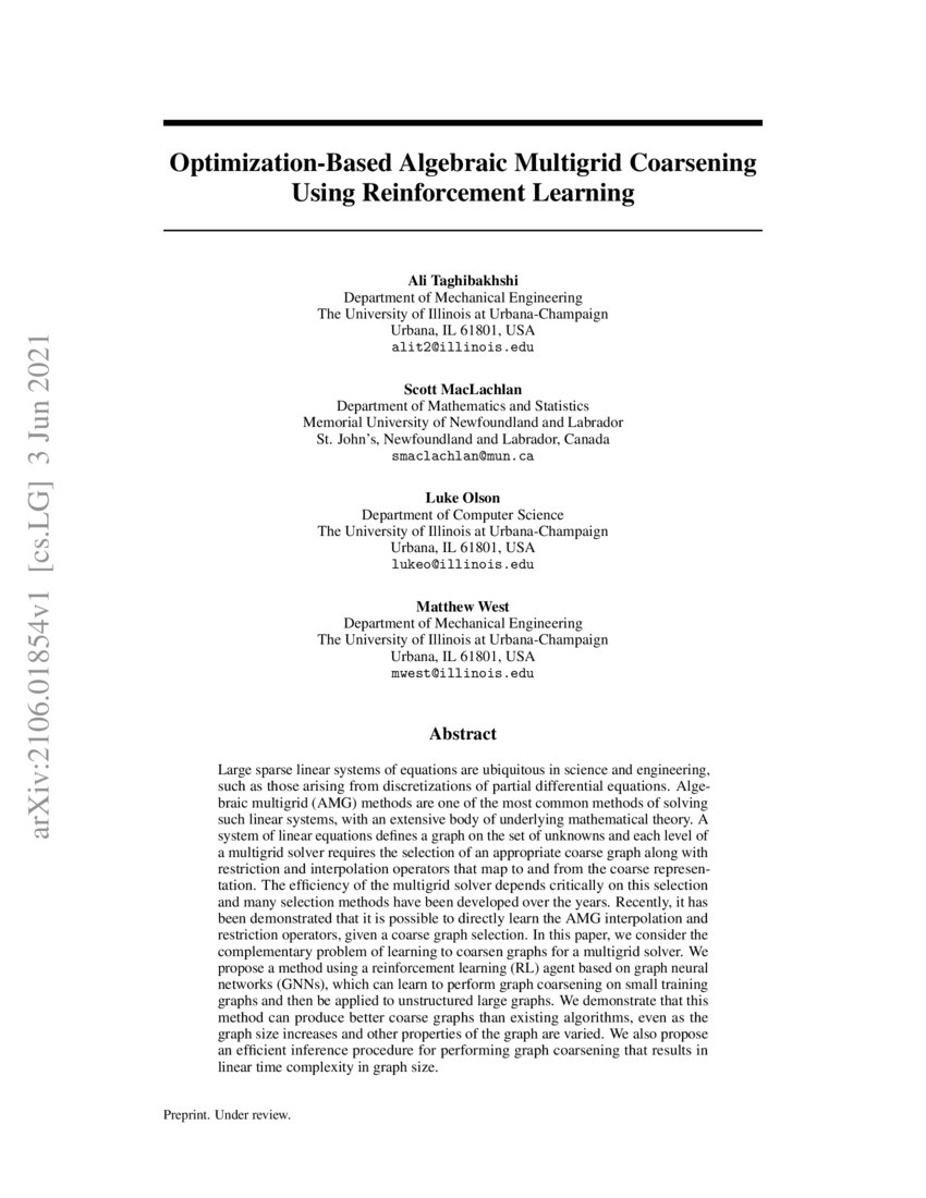 Optimization Based Algebraic Multigrid Coarsening Using Reinforcement Learning Deepai 9331