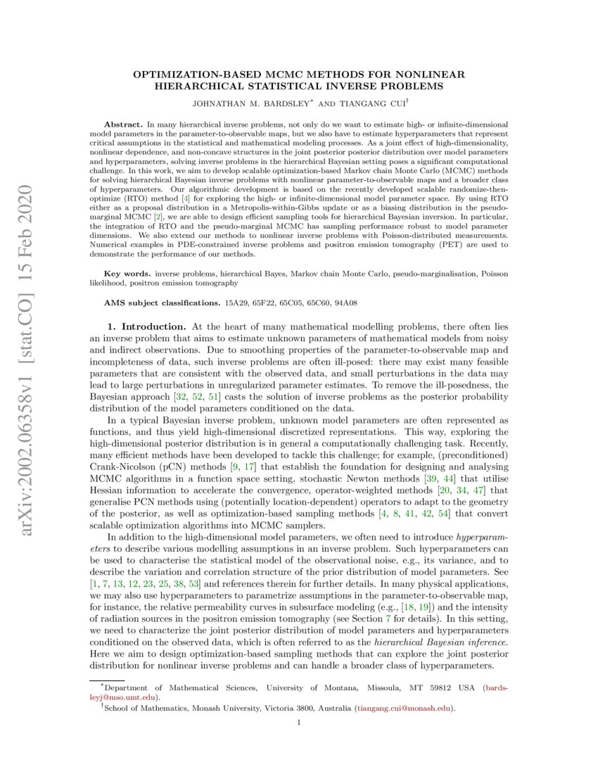 Optimization Based Mcmc Methods For Nonlinear Hierarchical Statistical Inverse Problems Deepai