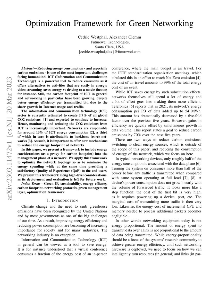 Optimization Framework for Green Networking | DeepAI