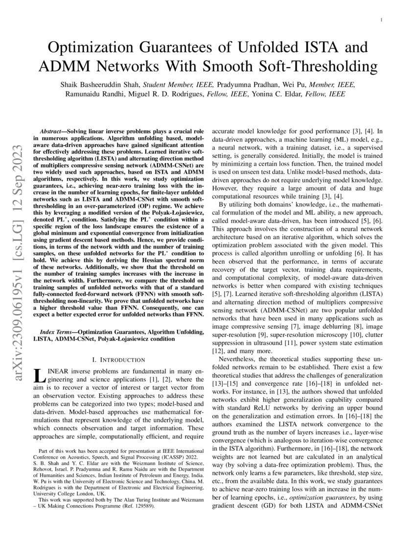 Optimization Guarantees Of Unfolded Ista And Admm Networks With Smooth Soft Thresholding Deepai