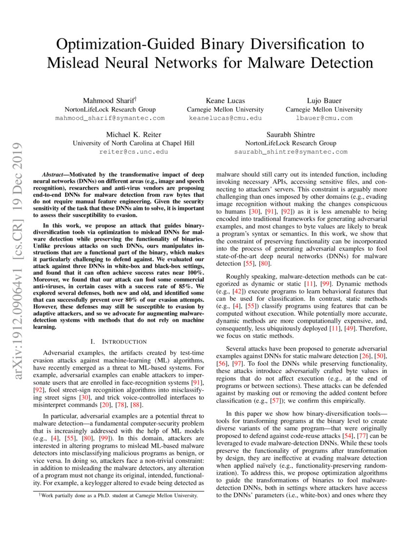 Optimization Guided Binary Diversification To Mislead Neural Networks For Malware Detection Deepai 8333