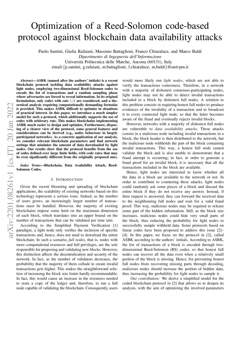 Optimization of a Reed-Solomon code-based protocol against blockchain ...