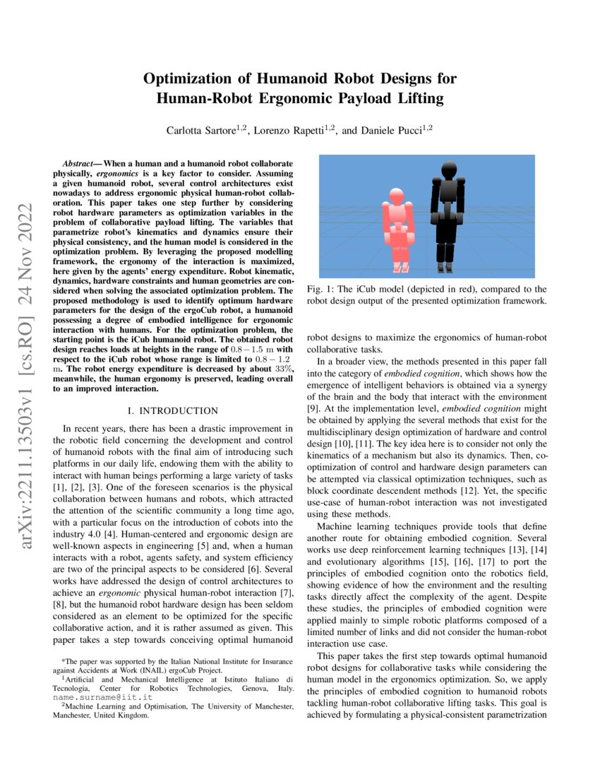 Optimization Of Humanoid Robot Designs For Human Robot Ergonomic Payload Lifting Deepai
