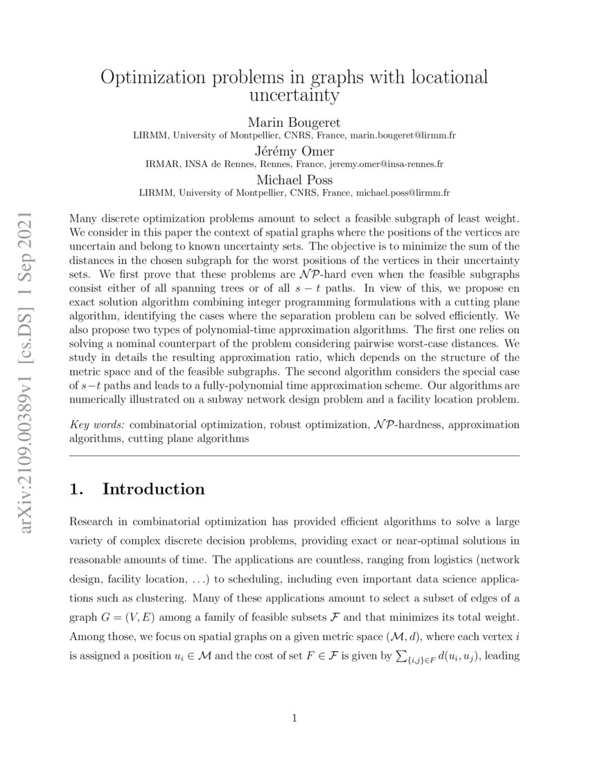 Optimization problems in graphs with locational uncertainty | DeepAI