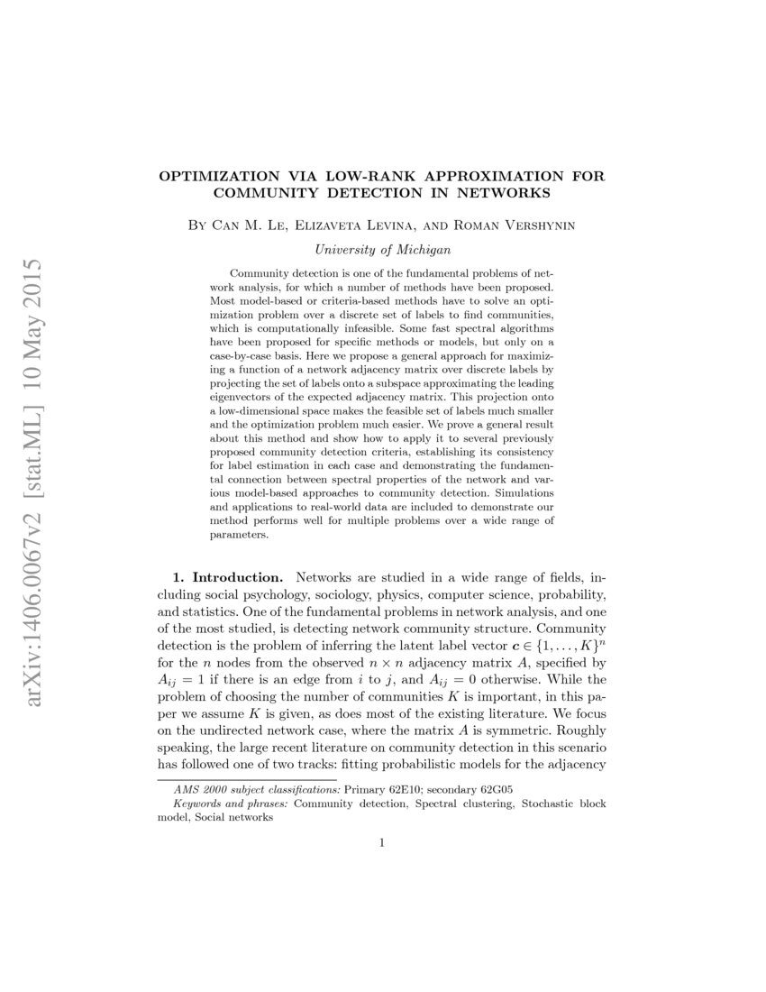 Optimization Via Low Rank Approximation For Community Detection In
