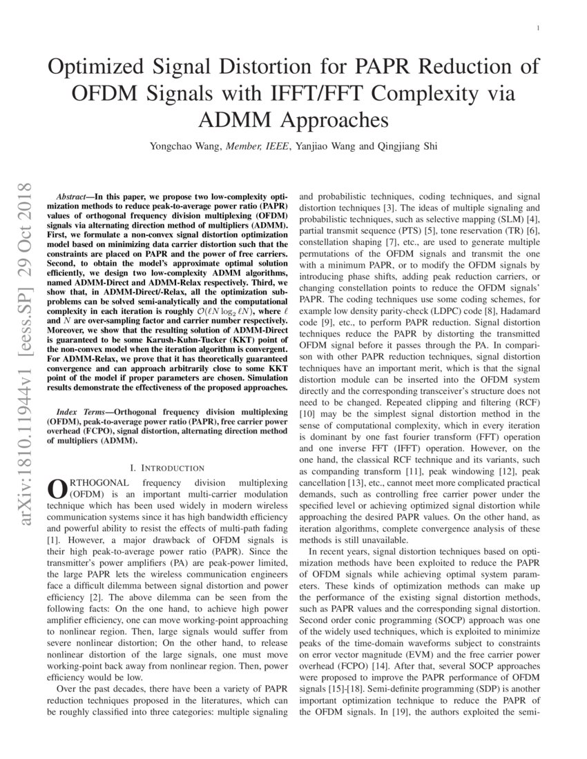 Optimized Signal Distortion For Papr Reduction Of Ofdm Signals With Ifftfft Complexity Via Admm
