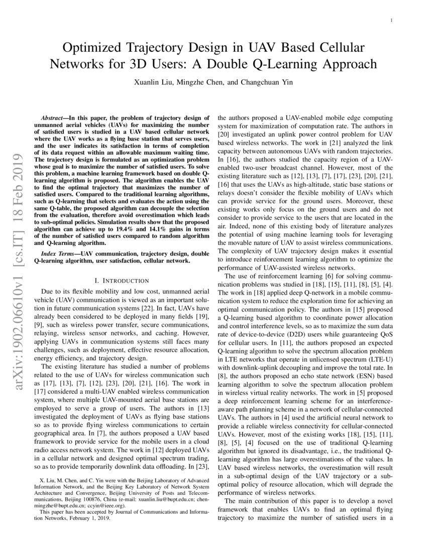 Optimized Trajectory Design In Uav Based Cellular Networks For 3d Users A Double Q Learning