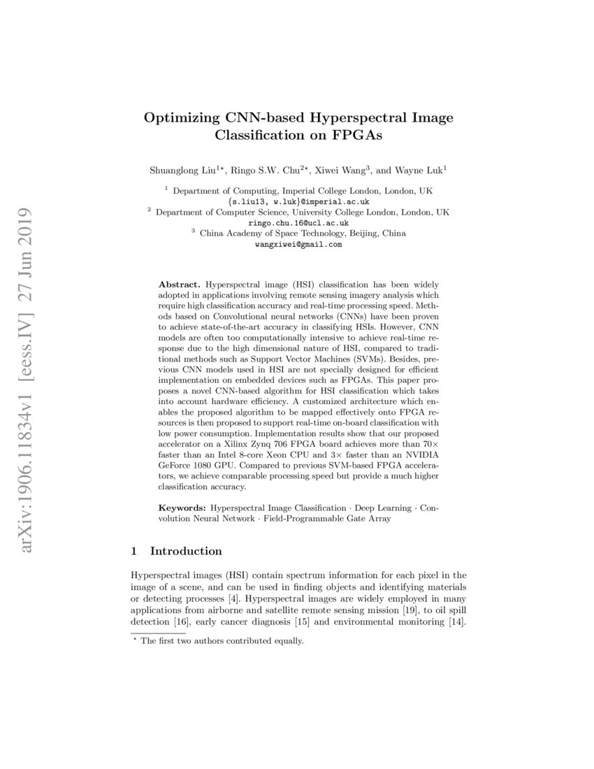 Optimizing Cnn Based Hyperspectral Imageclassification On Fpgas Deepai 4474