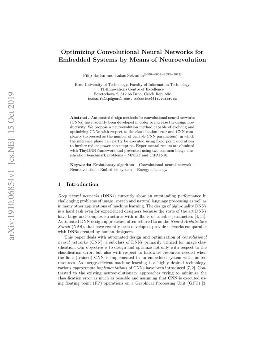 Optimizing Convolutional Neural Networks For Embedded Systems By Means Of Neuroevolution Deepai
