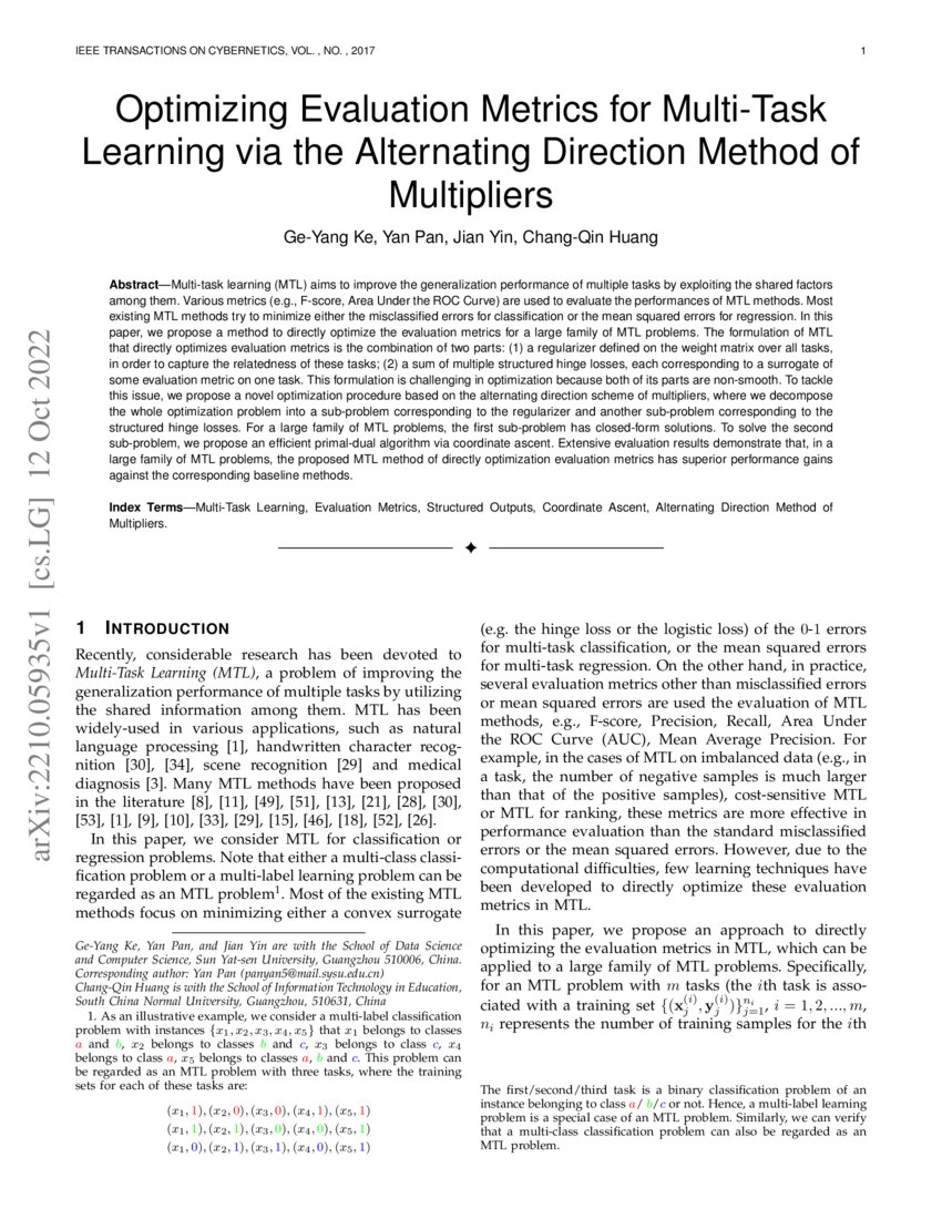 Optimizing Evaluation Metrics For Multi Task Learning Via The Alternating Direction Method Of