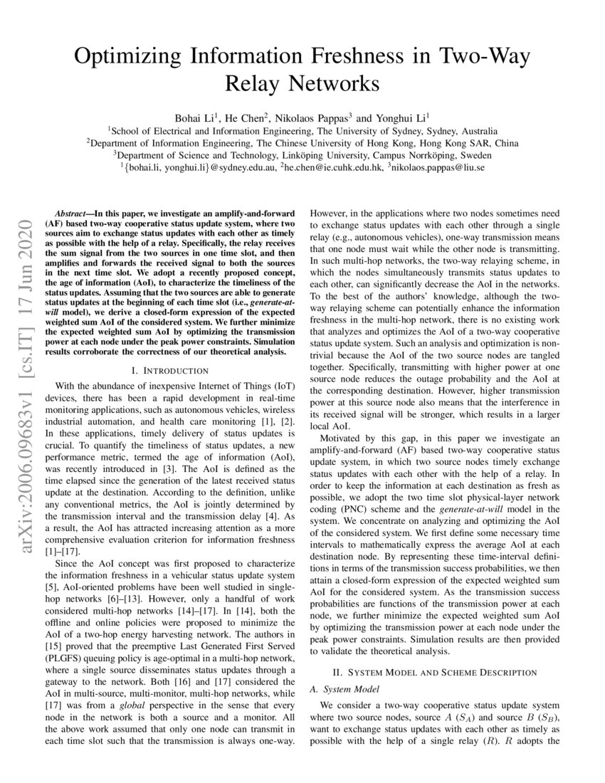 Optimizing Information Freshness in Two-Way Relay Networks | DeepAI