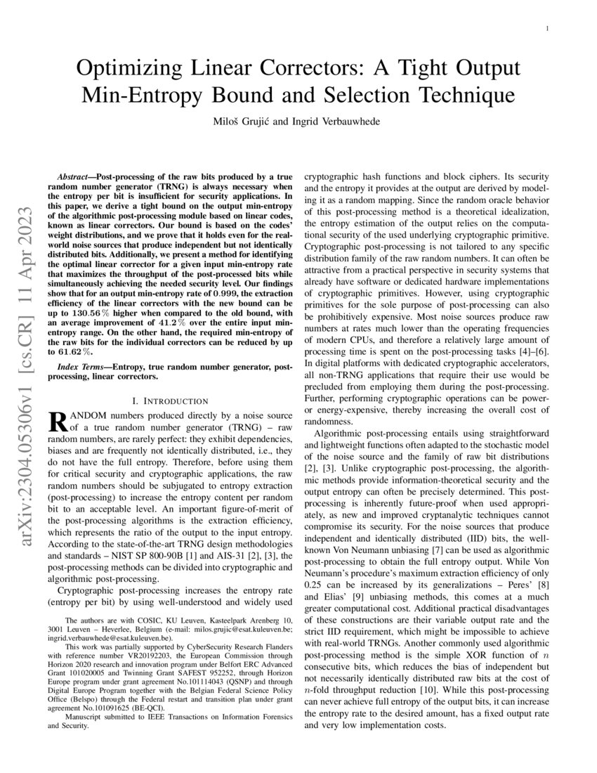 Optimizing Linear Correctors: A Tight Output Min-Entropy Bound and Selection Technique | DeepAI
