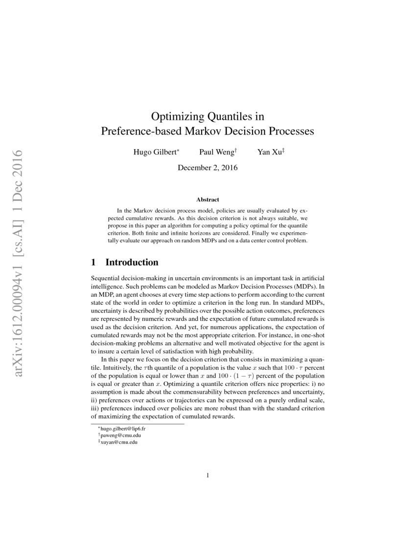 Optimizing Quantiles in Preference-based Markov Decision Processes | DeepAI