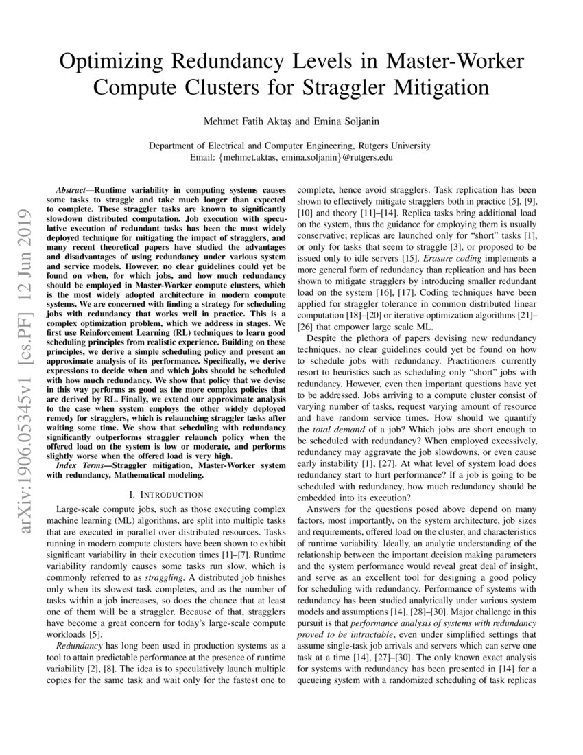 Optimizing Redundancy Levels in Master-Worker Compute Clusters for Straggler Mitigation | DeepAI