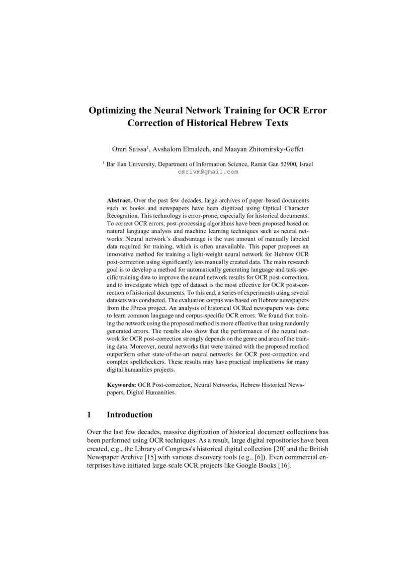 Optimizing the Neural Network Training for OCR Error Correction of Historical Hebrew Texts | DeepAI
