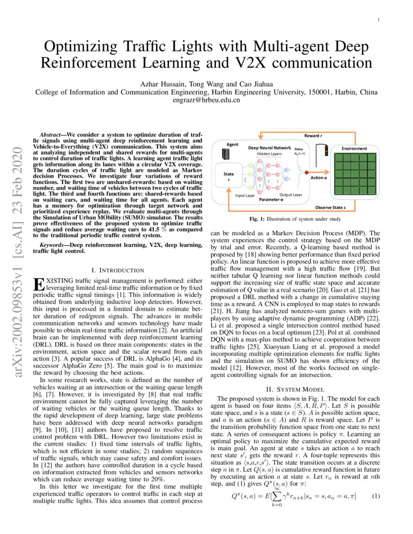 Optimizing Traffic Lights With Multi Agent Deep Reinforcement Learning And V2x Communication