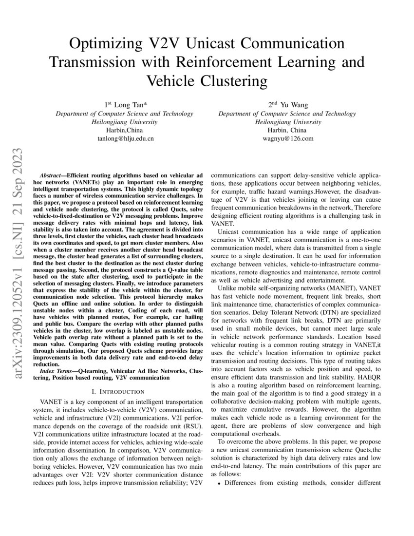 Optimizing V2V Unicast Communication Transmission with Reinforcement ...