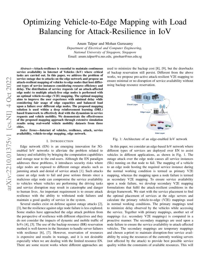 Optimizing Vehicle-to-Edge Mapping with Load Balancing for Attack-Resilience in IoV | DeepAI