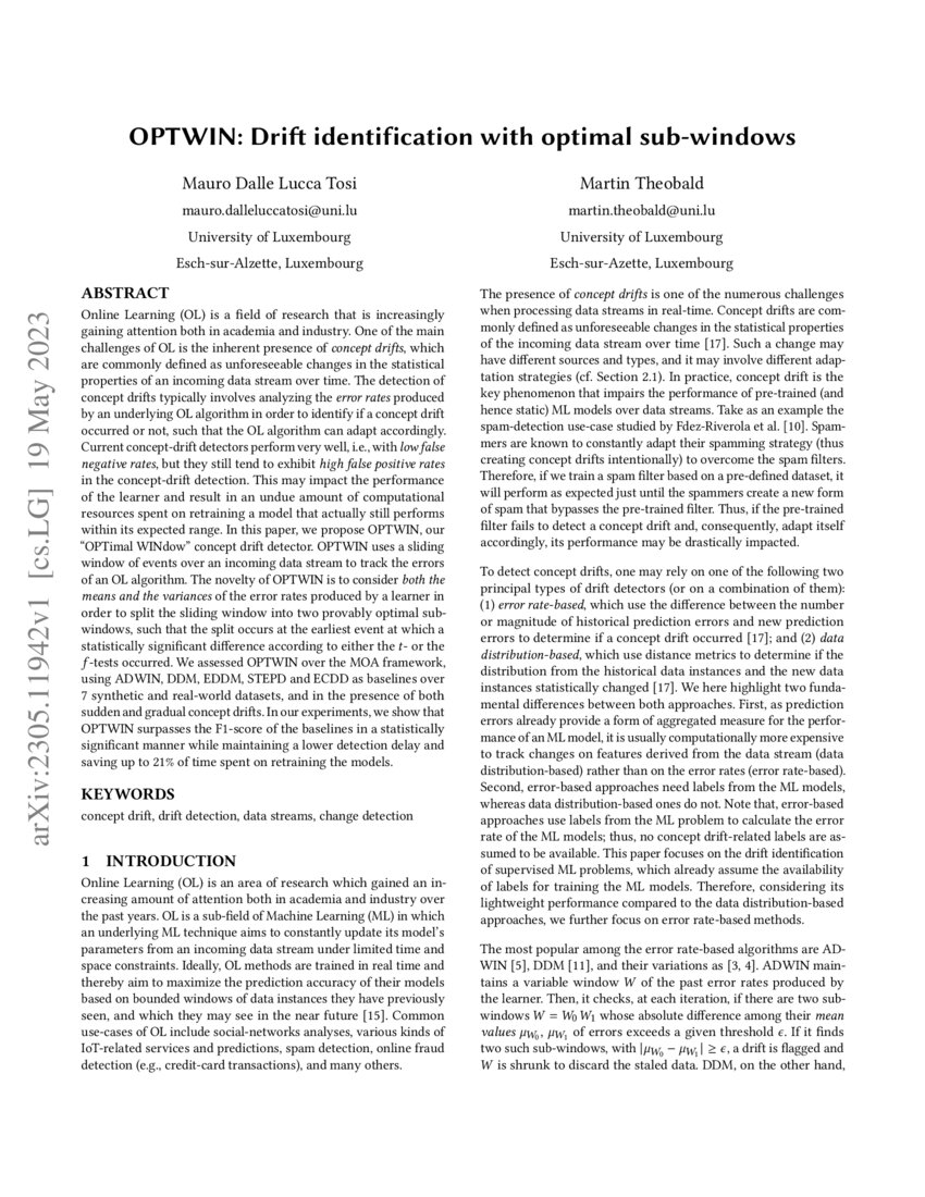 OPTWIN: Drift identification with optimal sub-windows | DeepAI