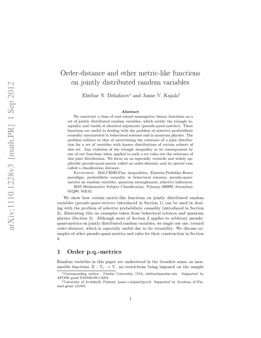 Order Distance And Other Metric Like Functions On Jointly Distributed Random Variables Deepai 