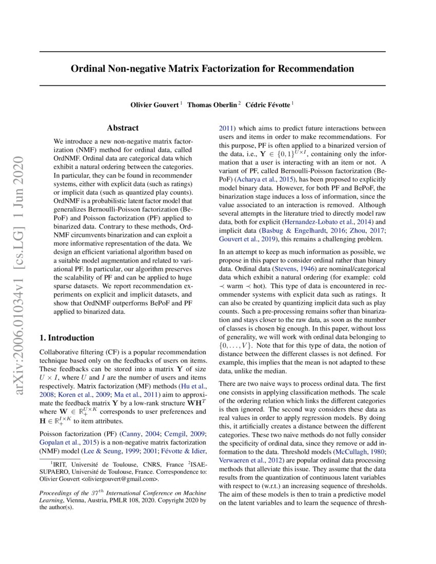 Ordinal Non-negative Matrix Factorization for Recommendation | DeepAI