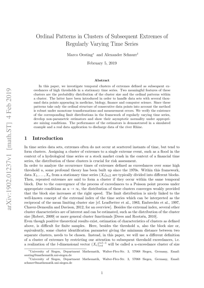 Ordinal Patterns In Clusters Of Subsequent Extremes Of Regularly