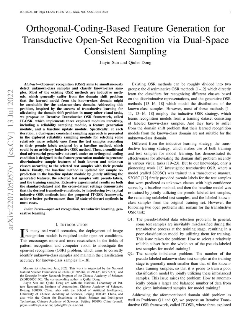 Orthogonal Coding Based Feature Generation For Transductive Open Set Recognition Via Dual Space