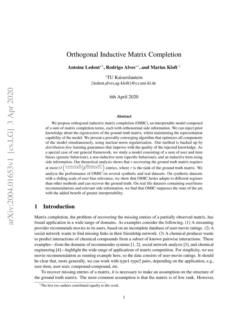 Orthogonal Inductive Matrix Completion | DeepAI