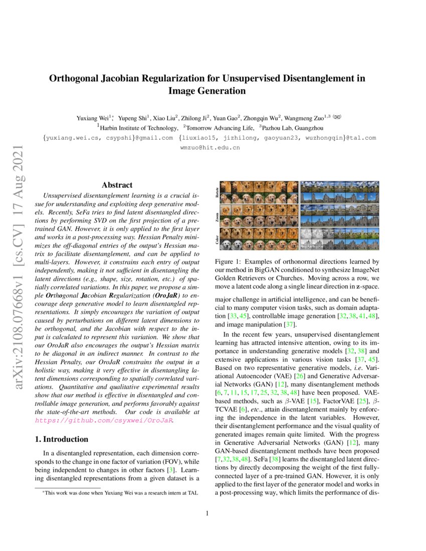Orthogonal Jacobian Regularization for Unsupervised Disentanglement in Image Generation | DeepAI