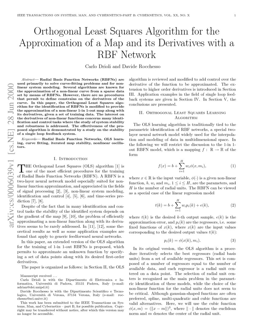 Orthogonal Least Squares Algorithm For The Approximation Of A Map And Its Derivatives With A Rbf