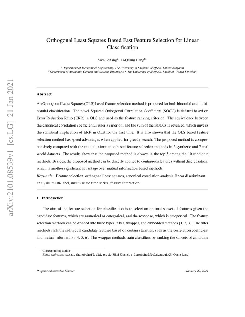Orthogonal Least Squares Based Fast Feature Selection For Linear Classification Deepai