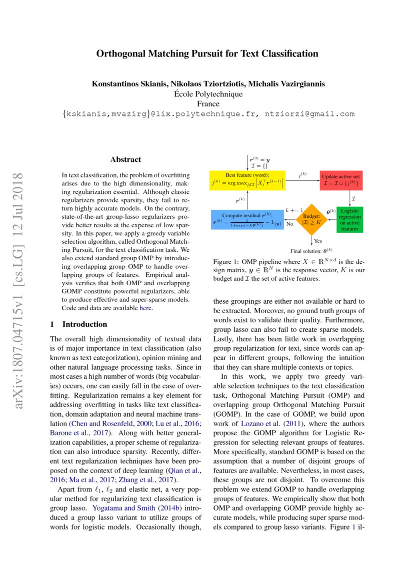 Orthogonal Matching Pursuit for Text Classification | DeepAI