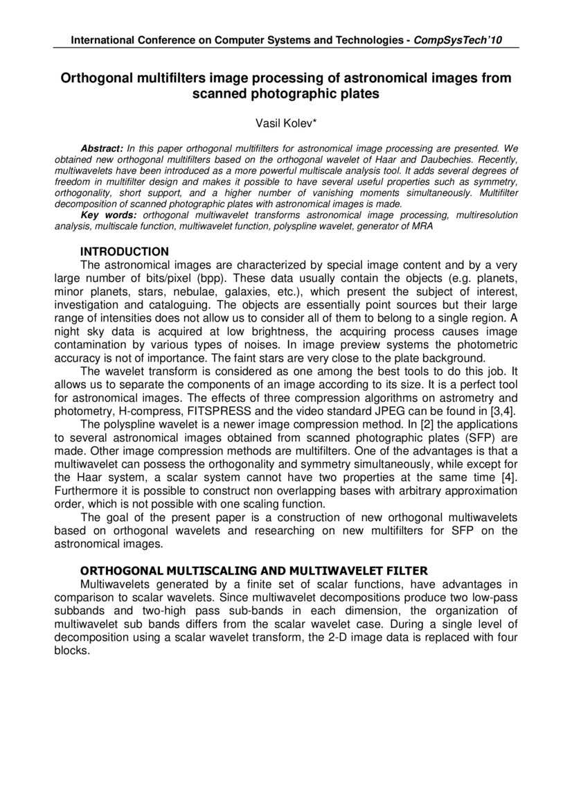 Orthogonal Multifilters Image Processing Of Astronomical Images From
