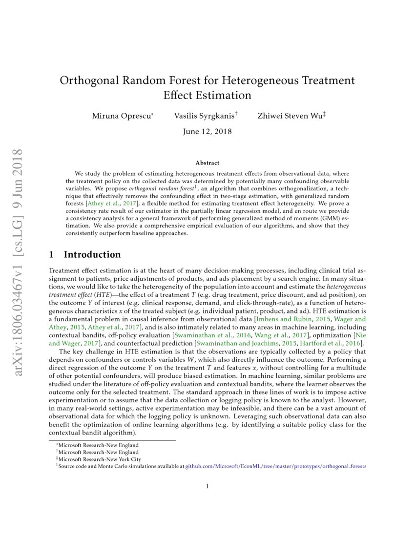 Orthogonal Random Forest For Heterogeneous Treatment Effect Estimation Deepai