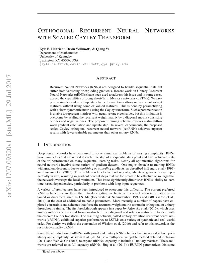 Orthogonal Recurrent Neural Networks With Scaled Cayley Transform Deepai 8850