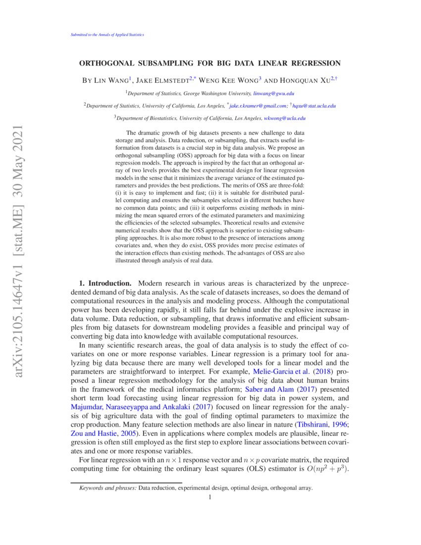 Orthogonal Subsampling For Big Data Linear Regression Deepai 8267