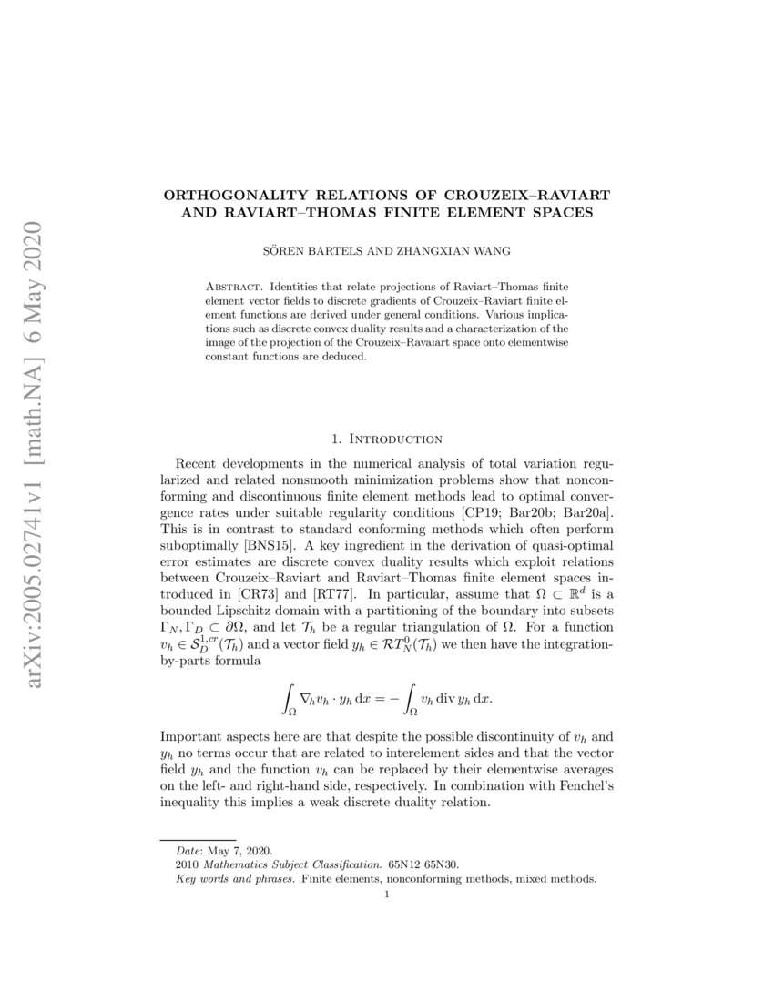 Orthogonality Relations Of Crouzeix Raviart And Raviart Thomas Finite Element Spaces Deepai