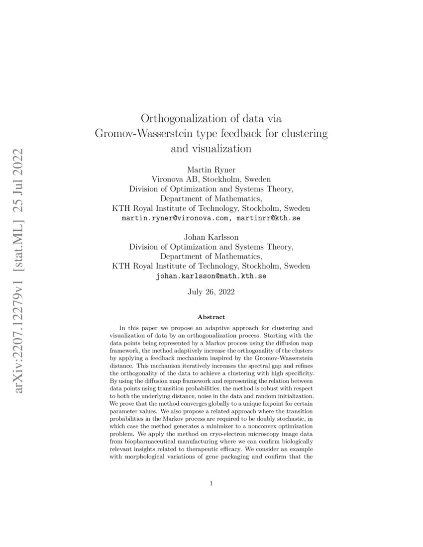 Orthogonalization Of Data Via Gromov Wasserstein Type Feedback For Clustering And Visualization