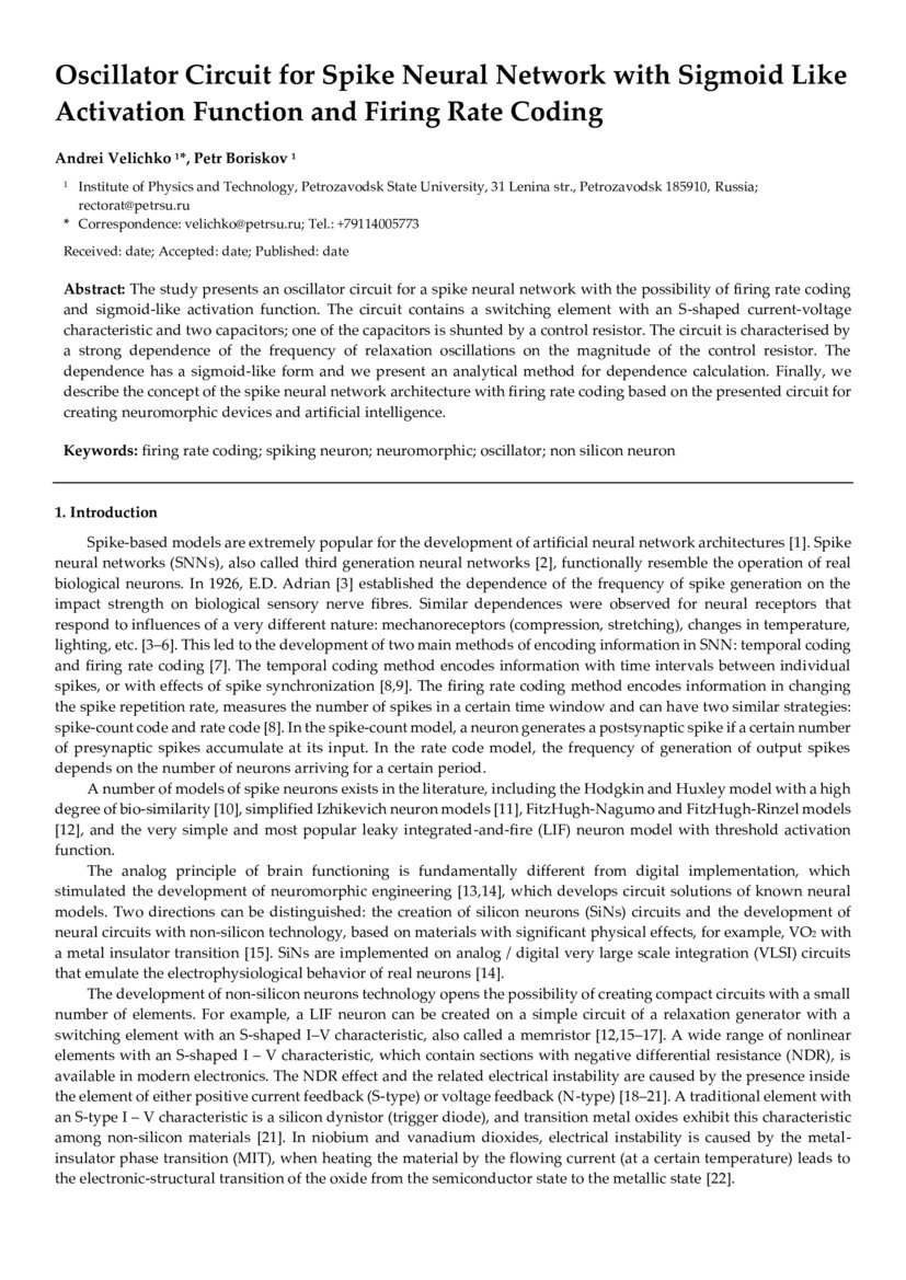 Oscillator Circuit for Spike Neural Network with Sigmoid Like Activation Function and Firing ...