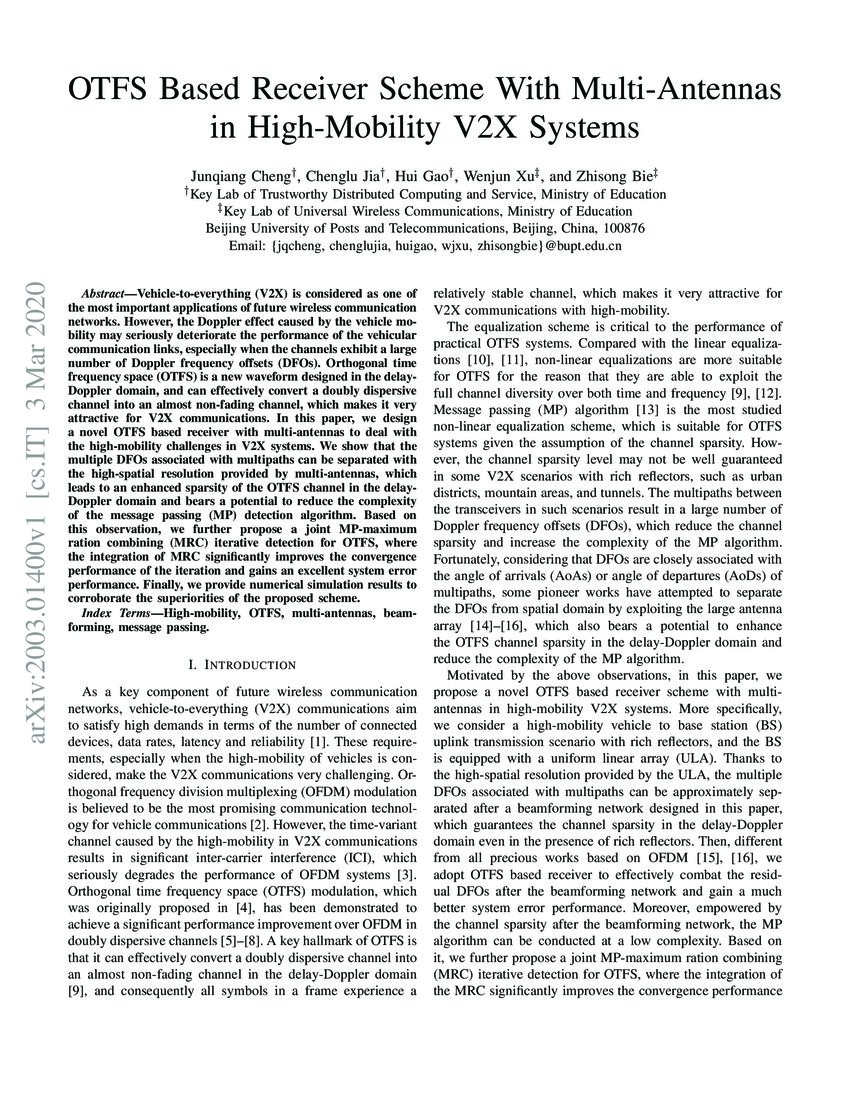 OTFS Based Receiver Scheme With Multi-Antennas in High-Mobility V2X Systems | DeepAI