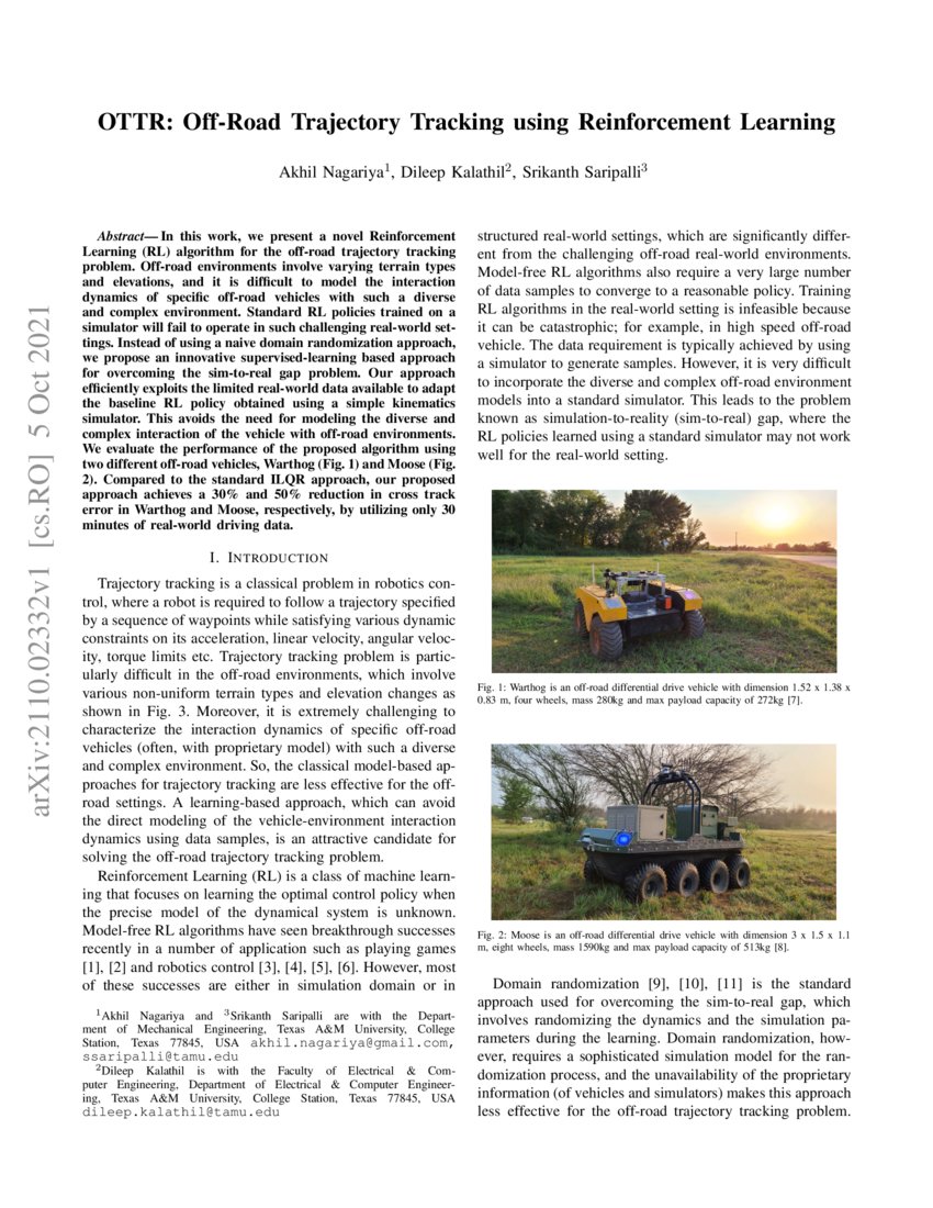 OTTR: Off-Road Trajectory Tracking using Reinforcement Learning | DeepAI