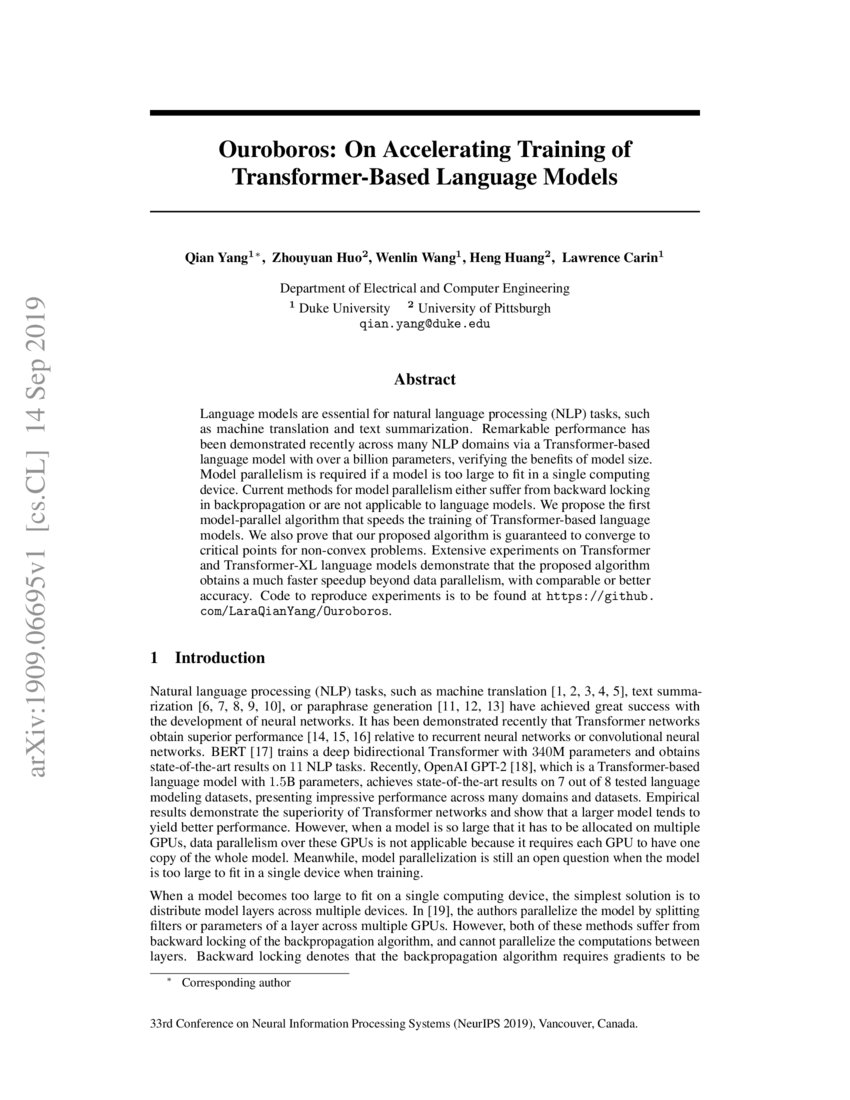 Ouroboros On Accelerating Training Of Transformer Based Language Models Deepai