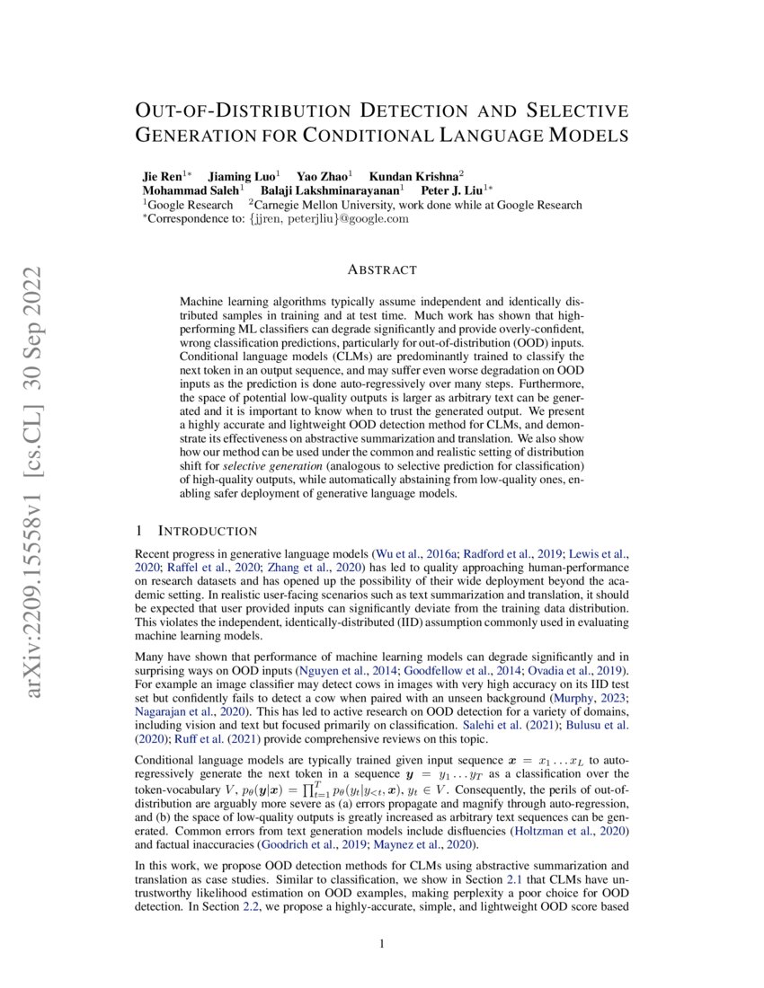 Out Of Distribution Detection And Selective Generation For Conditional Language Models Deepai 