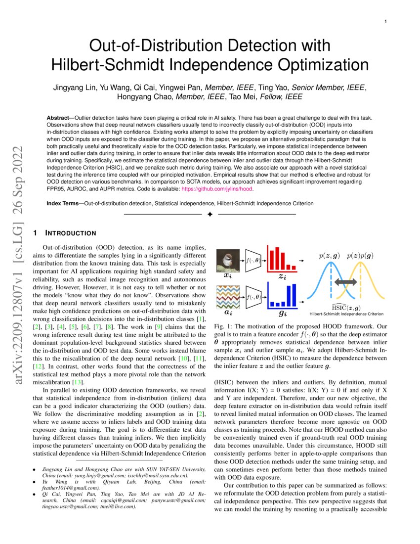 Out Of Distribution Detection With Hilbert Schmidt Independence