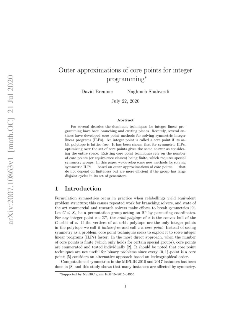 Outer Approximations Of Core Points For Integer Programming Deepai 
