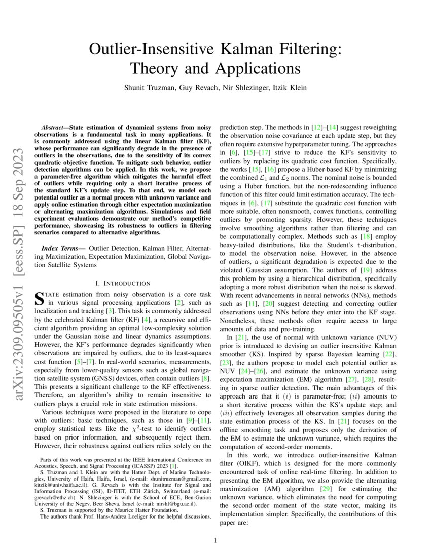 Outlier Insensitive Kalman Filtering Theory And Applications Deepai